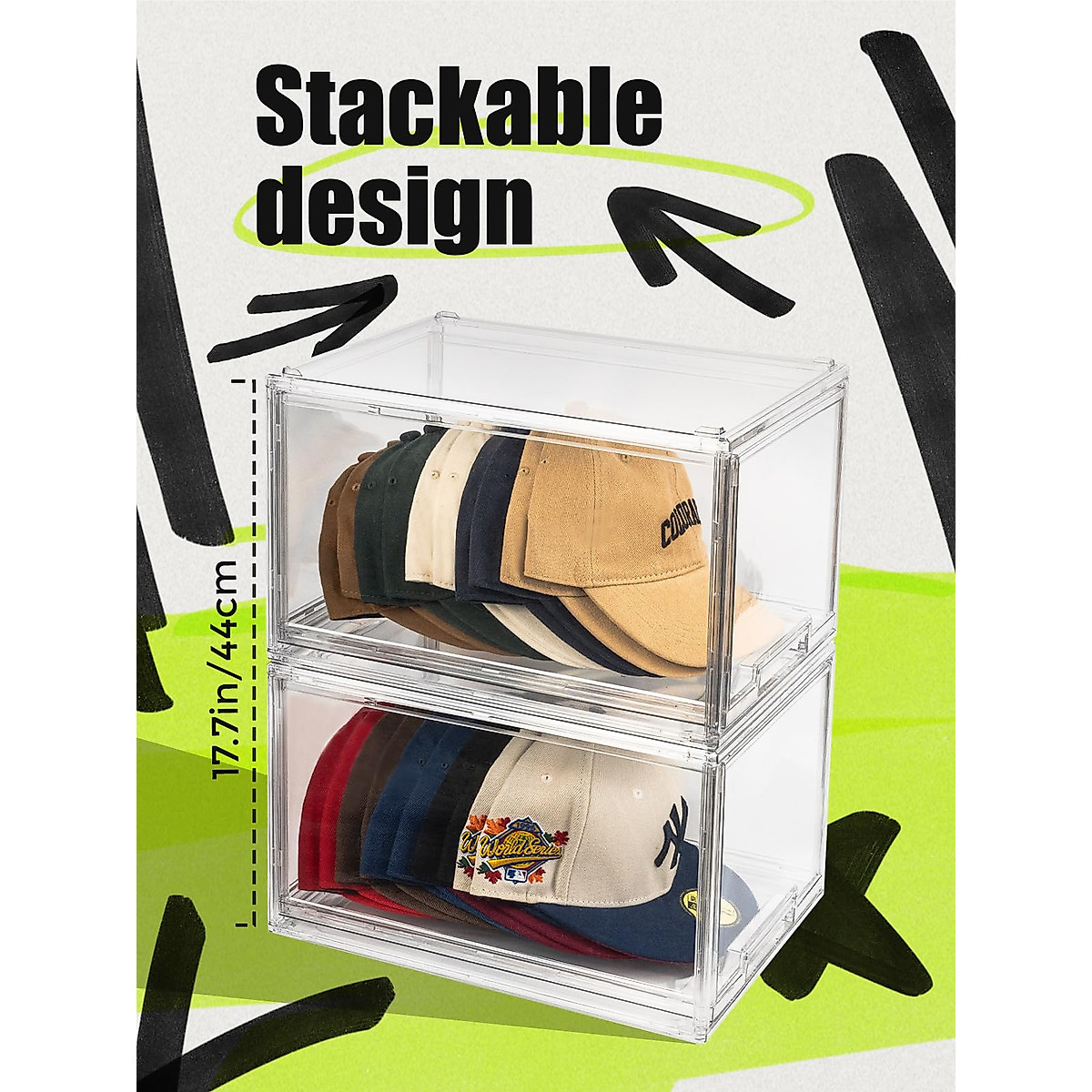 SCAVATA 2 Pack Hat Organizers, Stackable Clear Baseball Caps Holder Box Containers With Drawers for Hats Snapback Cap Storage, Hat Rack Display Case -Clear