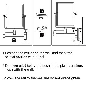QiMH 3X Magnifying Wall Mounted Vanity Makeup Mirror | Rectangular 8x6 Inch with Extendable Arm | Polished Chrome Finish Double-Sided Swivel Mirror
