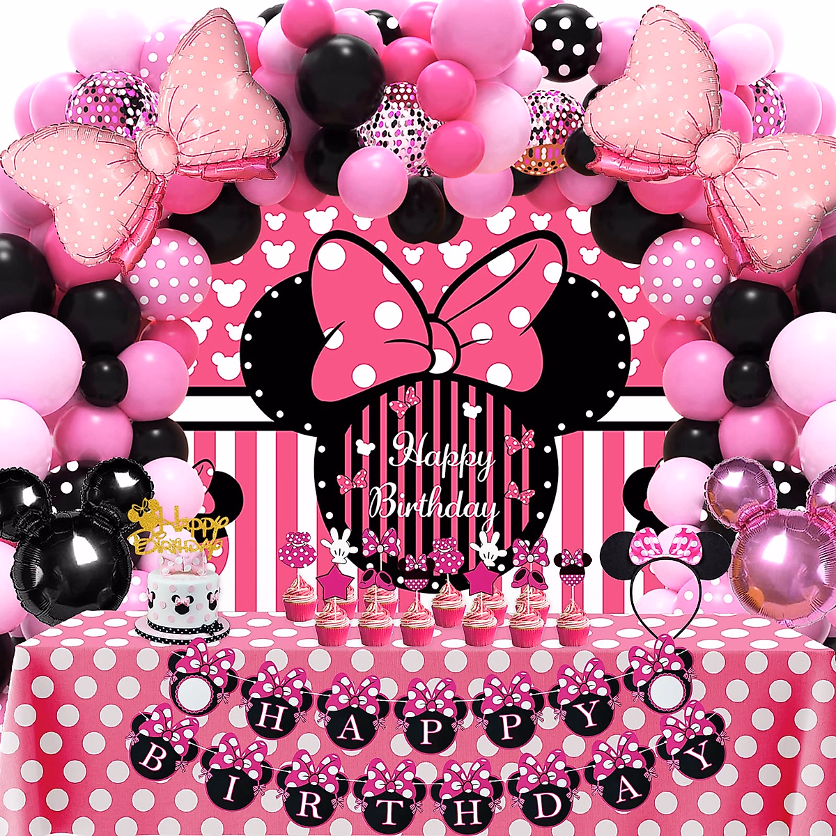 Pink Mouse Birthday Decorations Party Supplies for 1st 2nd 3rd Year Girl Baby Shower Pack (109 Pcs including Backdrop, Tablecloth, Banner, Headband, Foil Balloons, Balloons Garland Arch Kit)