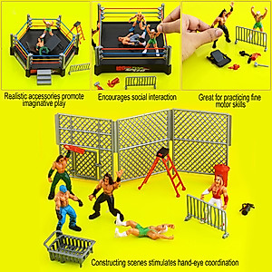 JDS Toy Store 32-Piece Mini Wrestling Playset with Action Figures and Accessories - Kids Toy with Realistic Wrestlers - 2 Rings Included