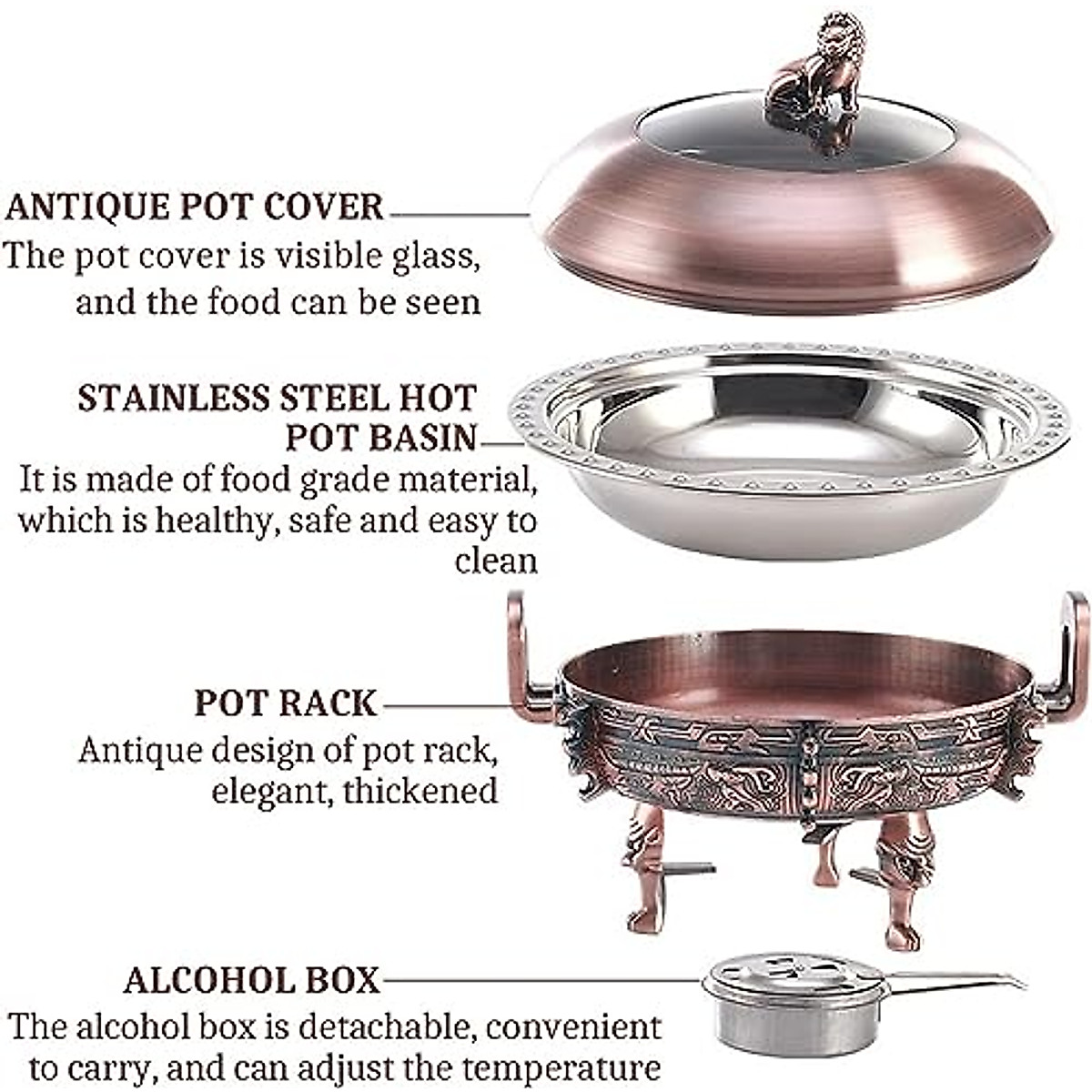 Round Chafing Dish Set for Wedding Banquets Party, Stainless Steel Chafing Buffet Server Warming Tray, with Food Pan, Frame, Lid and Fuel Holder (Color : Red Copper, Size : 30cm)