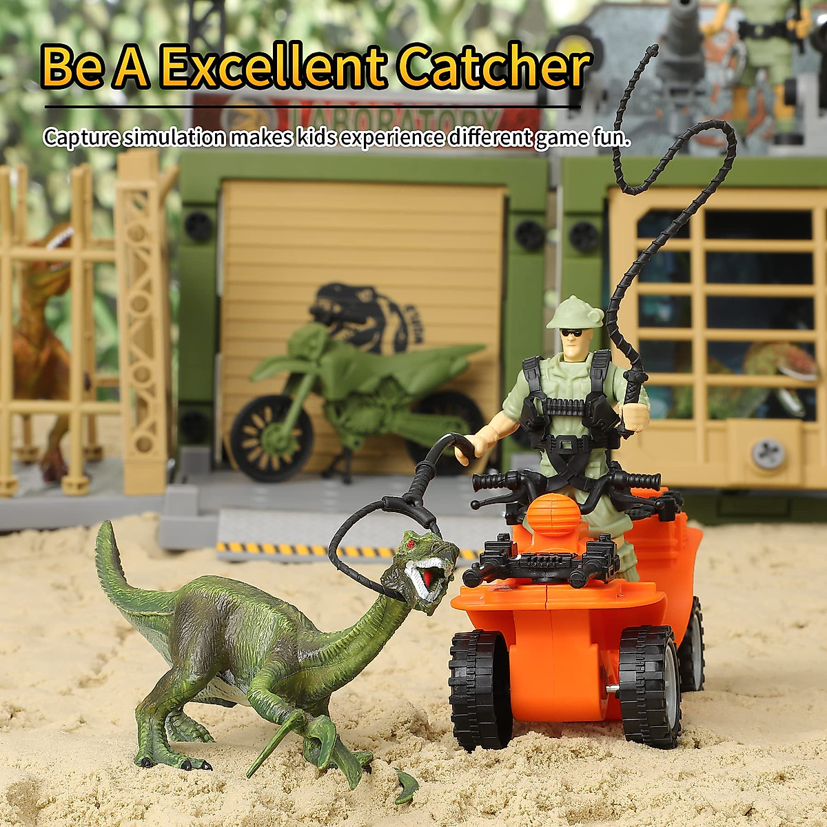 FLYINTOYS Dinosaur Toys for Kids,Dinosaurs Figures Playset with trex,Soldier,Lab,Dino Cage,Hunting Equipment,Create a Dino World,Educational Toy Birthday for Toddler 3-9 Boys&Girls