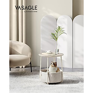 VASAGLE End Table, Small Bedside Table with Fabric Basket, Modern Nightstand, Round Side Table, for Living Room, Bedroom, Cream White ULET223K67