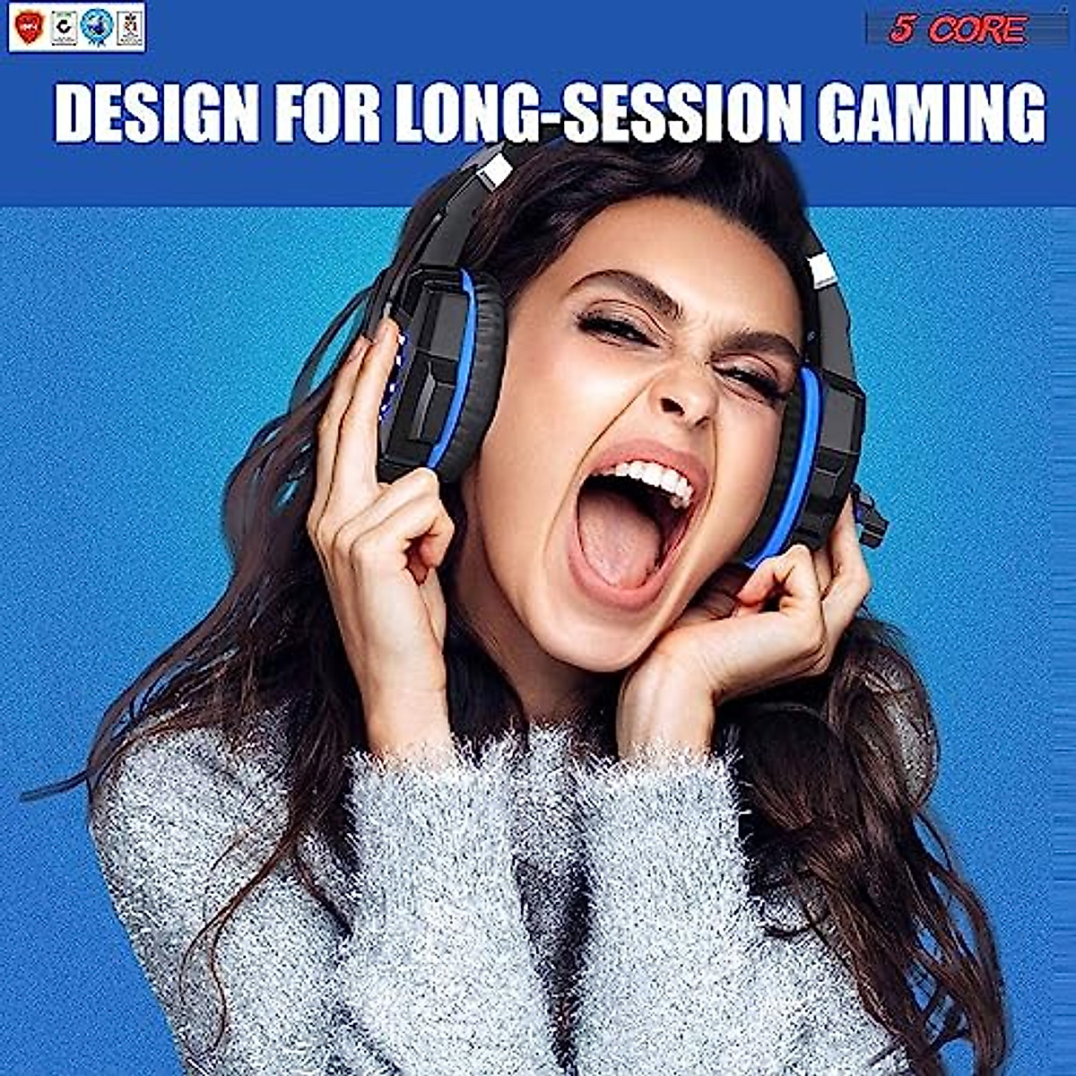 5 CORE Gaming Headset for PS4 PC One PS5 Console Controller, Noise Cancelling Microphone Over Ear Stereo Headphones with Mic, LED Light, Bass Surround, Earmuffs for Laptop Mac NES Games HDP GM1 B