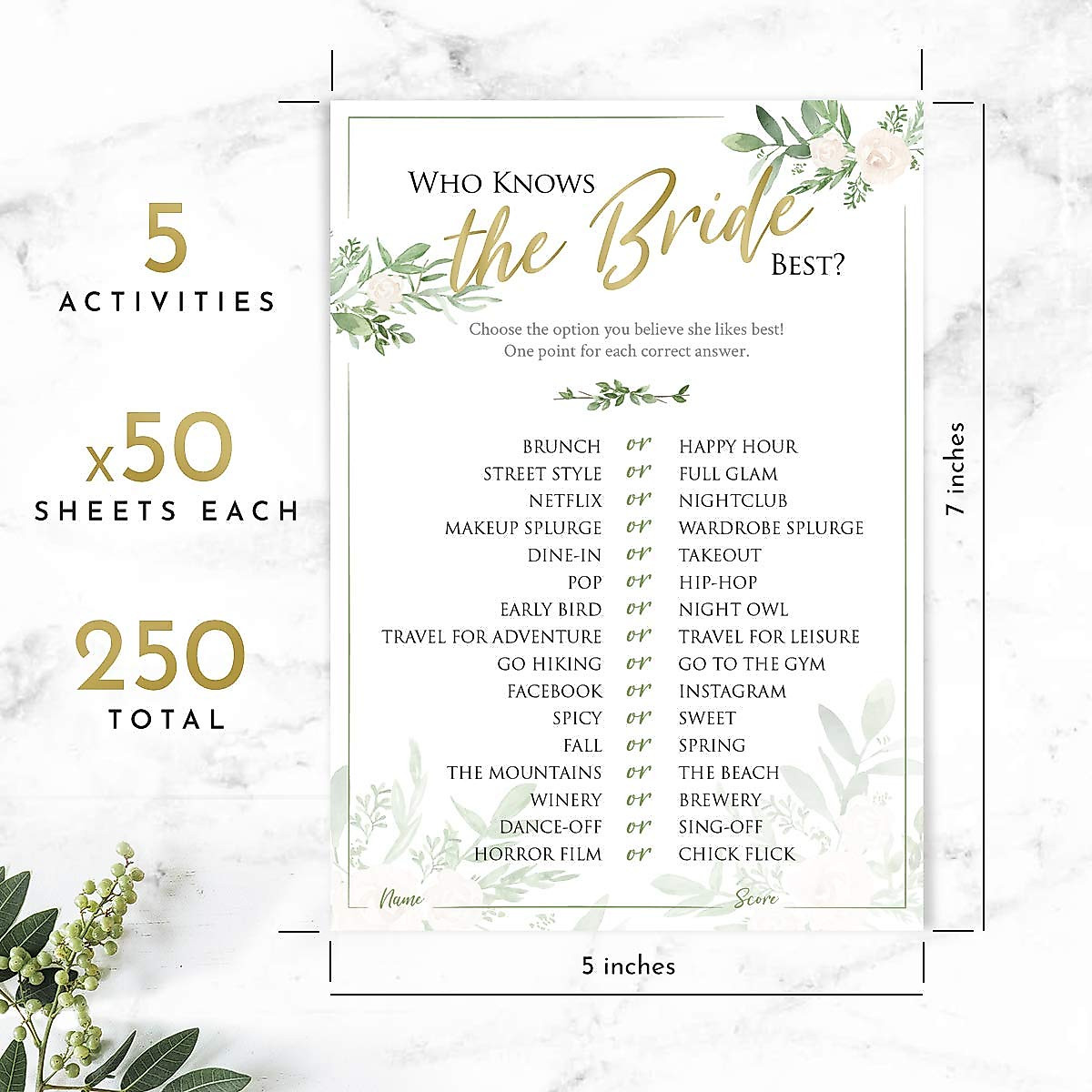 Bridal Shower Games (Set of 5 Activities for 50 Guests) - 5x7 Cards, Double-Sided, Floral Rustic Greenery Theme - Includes Marriage Advice Cards, Bridal Emoji - Wedding Shower Decorations Favors Party Supplies