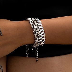 Octwine Fashion Rhinestones Bracelets Sets for Women Gold Silver Layered Chunky Pendant Charms Chain Stackable Wrap Bangle Adjustable Bracelet Jewelry Accessories for Women