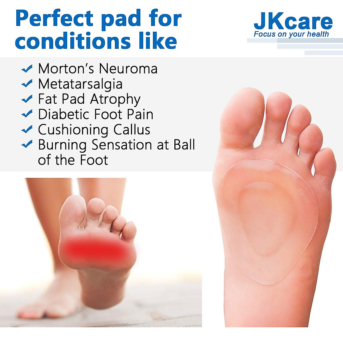 JKcare Gel Metatarsal Pads (Adhesive-Backed), Ball of Foot Cushions, Forefoot Support for Metatarsalgia, Morton’s Neuroma, Aching Feet Pain Relief- 6 Pack