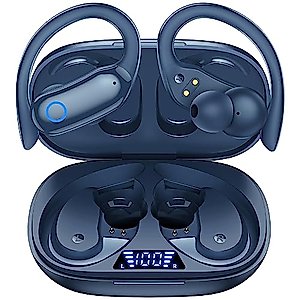 GNMN Bluetooth Headphones Wireless Earbuds 48hrs Playback IPX7 Waterproof Earphones Over-Ear Stereo Bass Headset with Earhooks Microphone LED Battery Display for Sports/Workout/Gym Blue