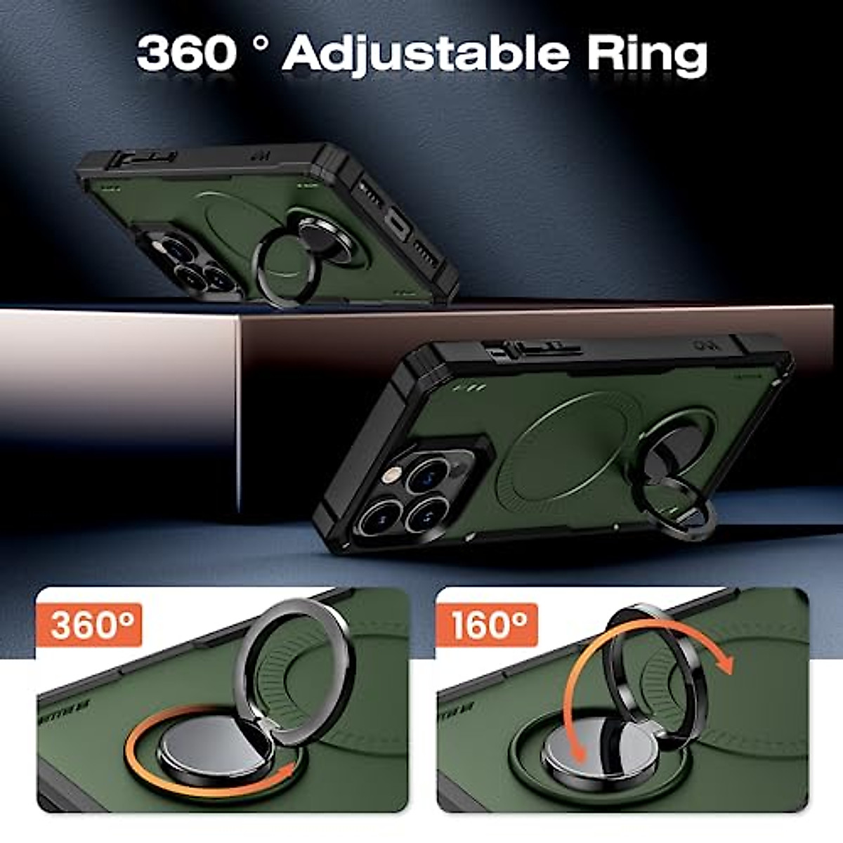 Ruky for iPhone 14 Pro Max Magnetic Case with Built-in Magnets, [360° Rotatable Ring Holder] [Support Car Mount] [Military Drop Protection] Shockproof Case for iPhone 14 Pro Max 6.7", Green