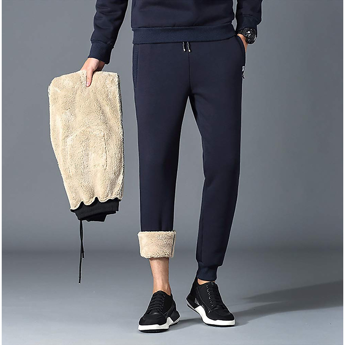 Aprsfn Men's Winter Warm Sherpa Lined Active Sweatpants Jogger Pants (Dark Blue, X-Large)