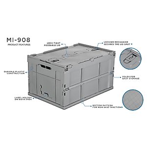 Mount-It! Collapsible Plastic Storage Crate, Folding and Stackable Utility Distribution Container with Attached Lid, 65L Liter Capacity, Pack of 1