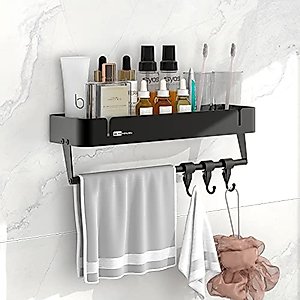 RCHYFEED 15.6”Shower Caddy with Towel Bar, Shower Organizer Adhesive,Metal Rustproof Bathroom Shower Shelf Rack with Hook, Drilling-Free Self Adhesive Storage Shelf for Bathroom & Kitchen(Black)