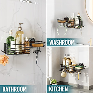 TAILI Shower Caddy Suction Cup with Hooks & Soap holder, Heavy Duty Bathroom Shower Organizer, No Drilling Shower Shelf for Inside Shower, Stainless Steel Black Shower holder organizer