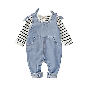 Newborn Baby Girl Clothes Infant Baby Fall Outfits Long Sleeve Stripe Shirt Denim Jumpsuit Romper Jean Overalls Baby Clothes 0-3 Months Unisex