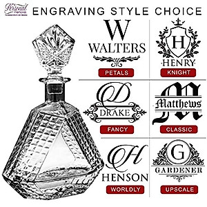 Custom Engraved and Personalized Scotch Whiskey Bourbon Glass 23 oz Triangle Decanter and 4 Glasses Set