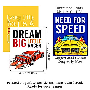 Dream Big Little Racer - Art Print Design Wall Room Home Bedroom Nursery Decor Wheel Set - Bright Race Hot Car (Set of Six) Poster Sign Picture