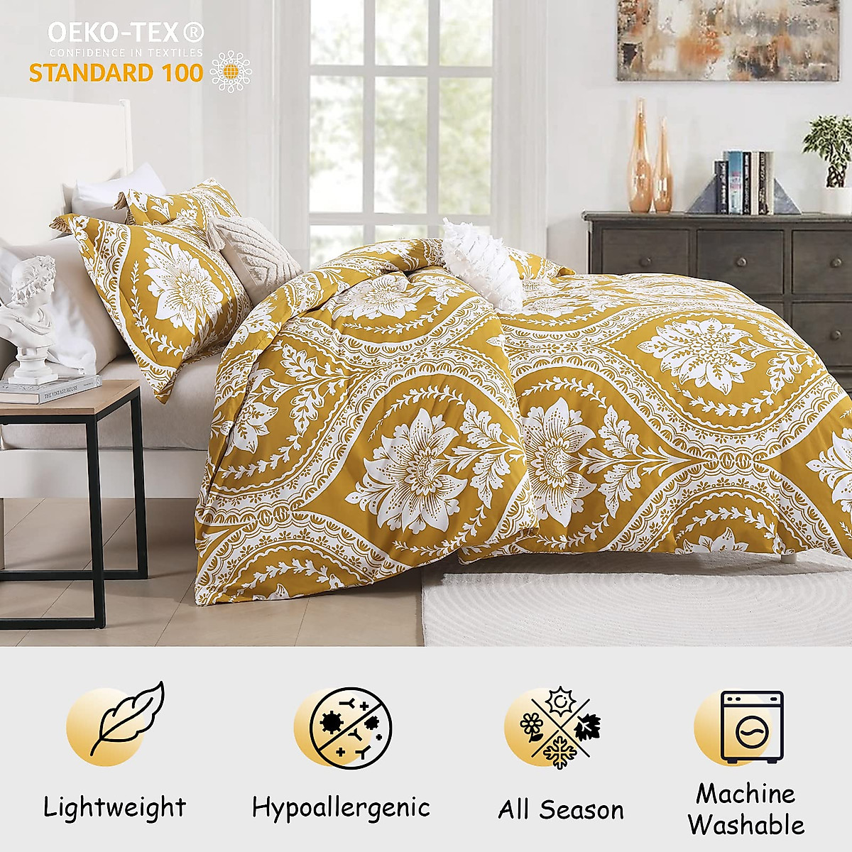 Bedduvit Yellow Damask Duvet Cover Queen Size - 100% Cotton Queen Fluffy Duvet Cover Set, Breathable Soft Paisley Pattern Bedding Comforter Cover with Zipper Closure & 8 Ties, 90"x90"