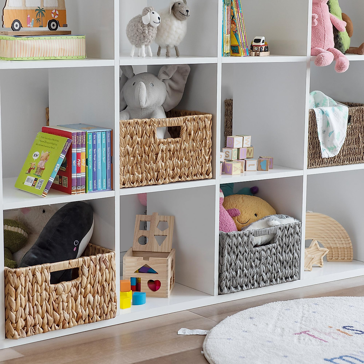 JS HOME Jumbo Wicker Basket for Orgainzing, Extra Large Rectangular Water Hyacinth Storage Wicker Shelf Basket with Built-in Handles, 1 Pack