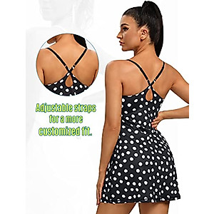 Womens Tennis Dress, Workout Dress with Built-in Bra & Shorts Pockets Summer Dress for Golf Athletic Dresses for Women Black Polka Dot