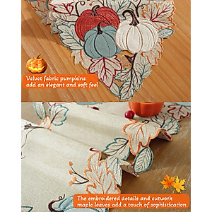 Thanksgiving Table Runner Fall Decorations for Home Fall Table Runner with Embroidered Velvet Pumpkins Maple Leaf. Halloween/ Christmas Table Decorations for Kitchen Dining Harvest Party Decor