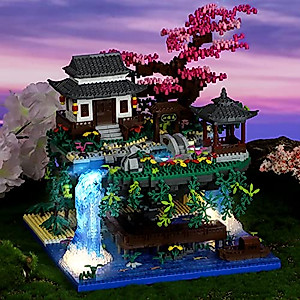 NEWABWN Peach Blossom Pond Micro Mini Building Blocks Set for Adults and Kids, Chinese Architecture Cherry Bonsai Tree Gift Toys with String Lights, Japanese Sakura Tree House Micro Bricks (3320PCS)
