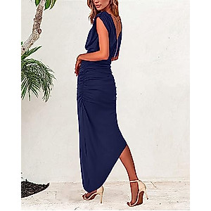 BTFBM Women Sleeveless Ruched Bodycon Dress 2023 Summer High Waist Asymmetrical Slit Formal Party Cocktail Maxi Dresses(Solid Navy, Large)