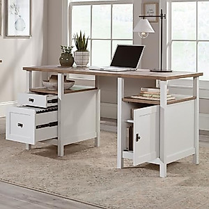 Sauder Cottage Road Computer Desk with Drawers, Home Office Desk with File Cabinet and Storage Shelves, in Soft White