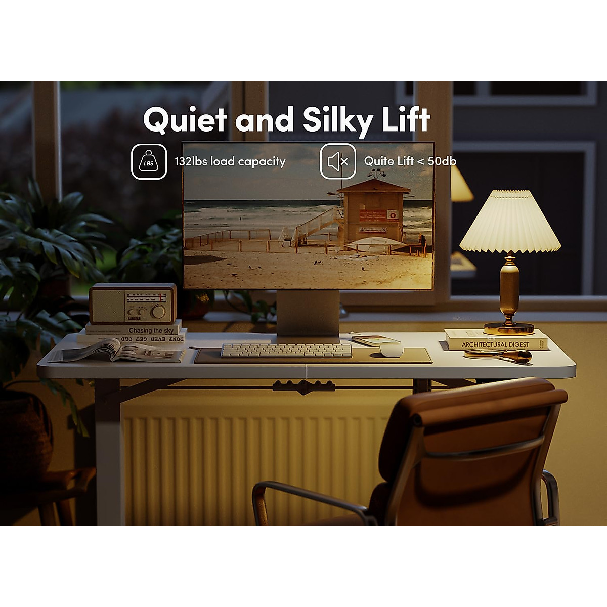 BANTI Small Electric Standing Desk, Stand up Height Adjustable Home Office Table, Sit Stand Desk with Splice Board, 43"x24", White Frame & White Top