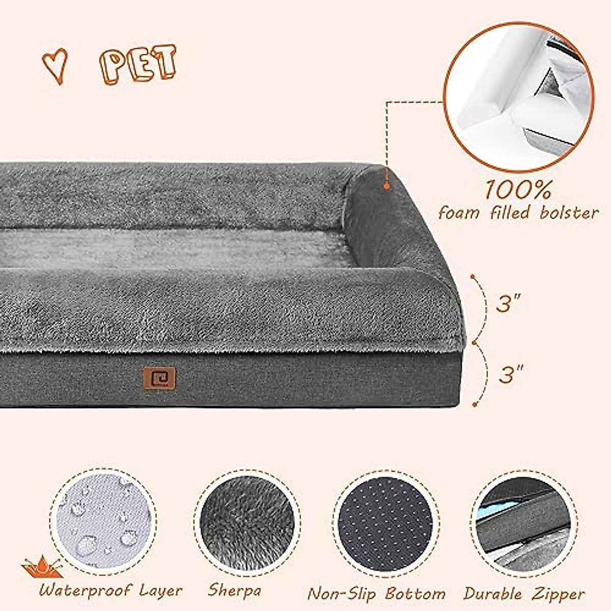 EHEYCIGA Memory Foam Orthopedic Dog Beds for Medium Dogs with 100% Foam Bolsters, Dark Grey, 30x24