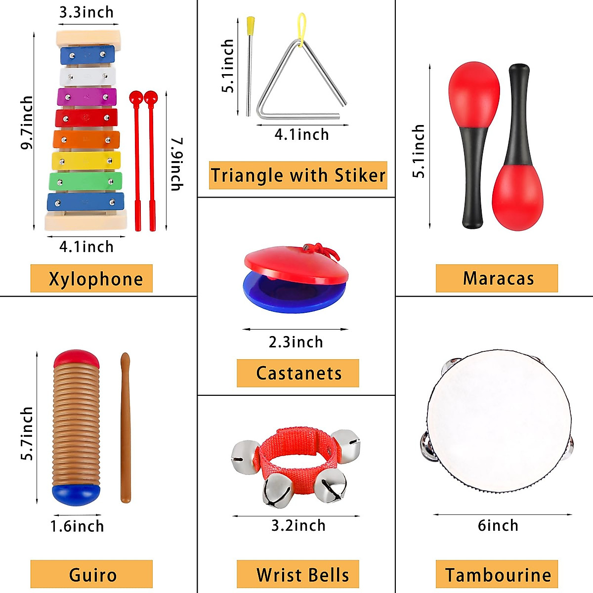 EASTROCK 13 Pcs Musical Instruments Set Toy for Children,Best Gifts for Children,Include Tambourine,Xylophone,Triangle Instrument,Guiro,Maracas,Castanets,Wrist Bells