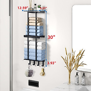 Bathroom Towel Rack with Shelf, New Upgrade 3 Tier Towel Storage Rack for Bathroom Wall Mounted with 4 Hooks, Wall Towel Holder for Rolled Towels, Towel Shelf for Small Bathroom, Matte Black
