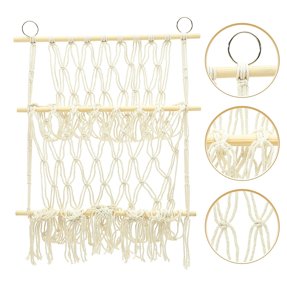 Toyvian Double Layer Hammock for Plush Toy, Macrame Net Tapestry Storage Rack Bookshelf Hammock Decorative Wall Hanging Stuffed Animal Hammock, White Household Wooden Stick Storage Net Bag