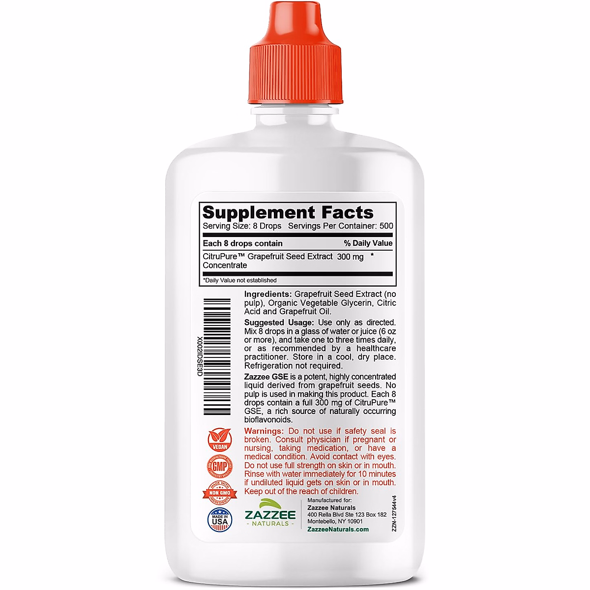 Zazzee GSE, 3X Triple Strength, 4 Ounces, 500 Servings, 300 mg per Serving, Premium Liquid Grapefruit Seed Extract Concentrate with Bioflavonoids, Vegan, Gluten Free, All-Natural, Made in The USA