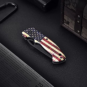 Viwki Pocket Folding Knife with 3.34" Blade for Hunting Outdoor Tactical Survival and EDC,Handle w/Embossed Flag, Liner Lock, Flipper Open,Deep Carry Pocketclip