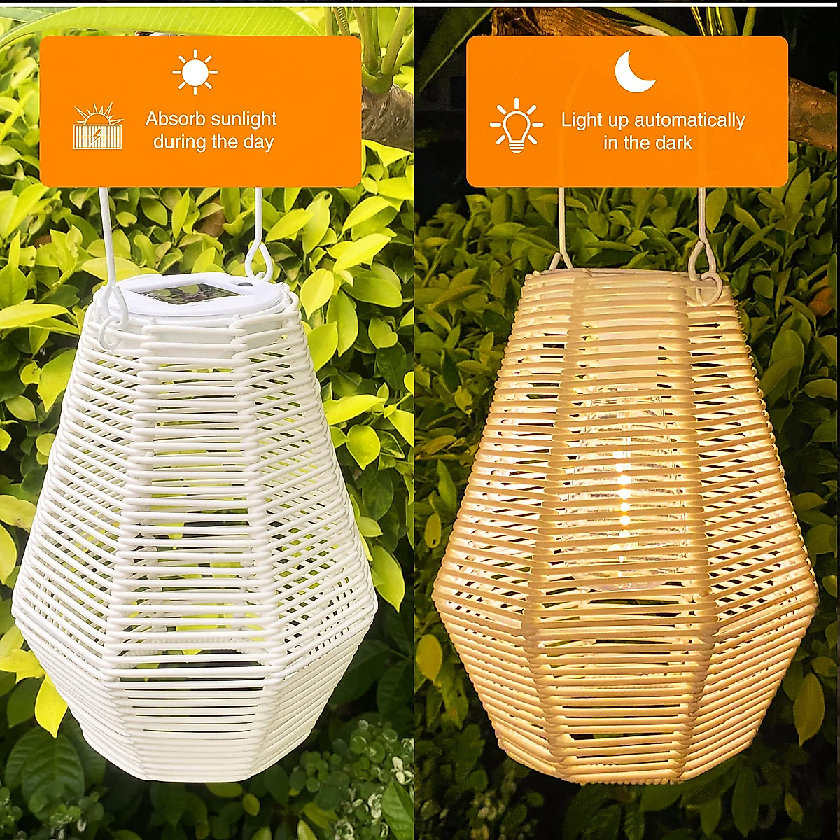 Rattan Outdoor Solar Lantern - Waterproof Hanging Table Solar Lanterns - White Woven Decorative Solar Lamp Lights with Handle for Patio Yard Garden Decoration (Edison Bulb)