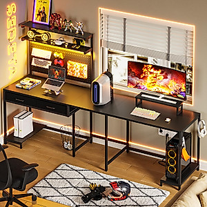 SEDETA L Shaped Gaming Desk with LED Lights, Pegboard and Drawers, Gaming Desk with Hutch, Computer Desk with Monitor Stand, Storage Shelves, Home Office Desk Corner Desk, Gaming Table, Black