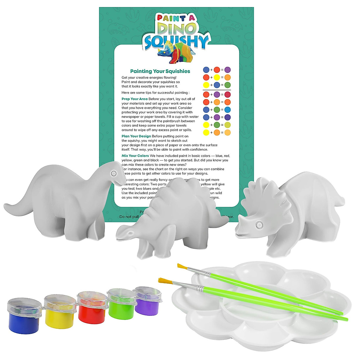 Paint 3 Large Dino Squishies - Paint a Squishy Kit - Make Your Own Squishies with Puffy Paint - Arts and Crafts Gifts for Kids, Boys & Girls - DIY Squishy Makeovers Painting Kit, Dinosaur Toys