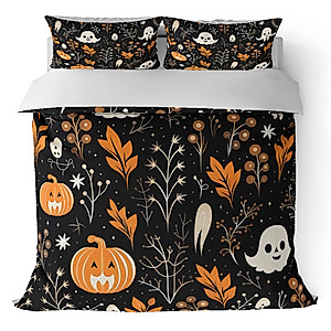 Haunted Halloween Nights Comforter Cover Set - King Size Black Pumpkin Lanterns, Ghosts, and Spider Webs - Spooky Bedding Set for Kids, Boys, Girls - Quilt Cover with 2 Pillowcases
