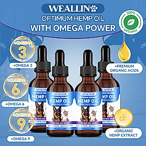 WEALLIN Hemp Oil for Dogs and Cats - Omega-3, 6, 9 Rich Organic Extract - Eases Pet Anxiety, Pain, Skin & Coat Health - Stress Relief, Hip & Joint Support - Calming Treats (4 Pack)