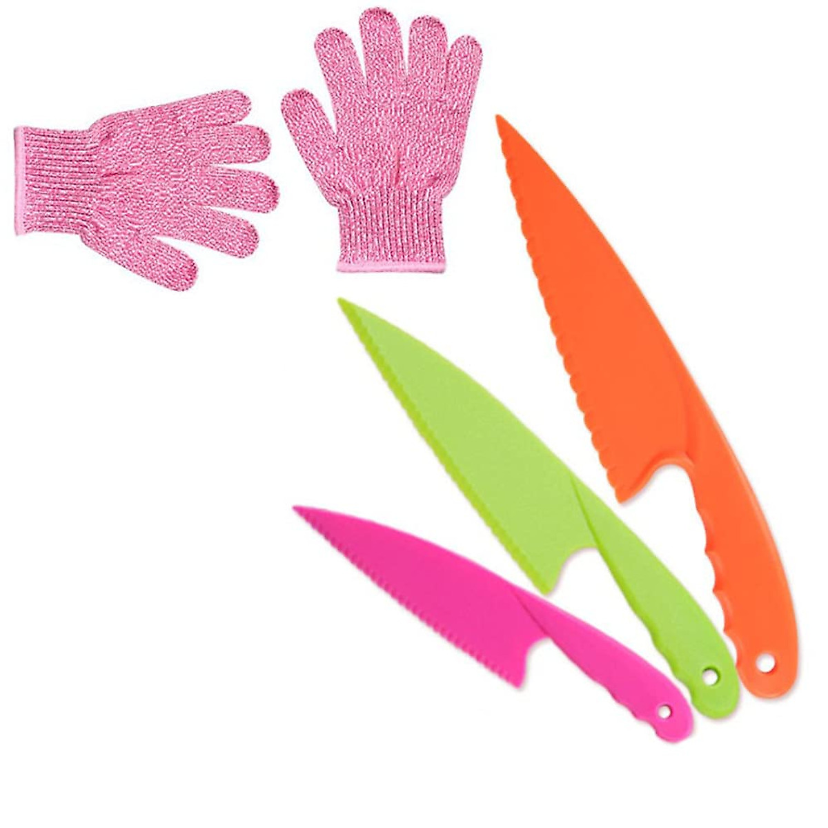 quirzx Kids Knife Set, 3PCS Kid Safe Knives with Cut Resistant Gloves (Ages 6-12), Serrated Edges, BPA-Free, Plastic Kitchen Kids Knives for Real Cooking & Cutting Fruit, Vegetable, Bread, Cake