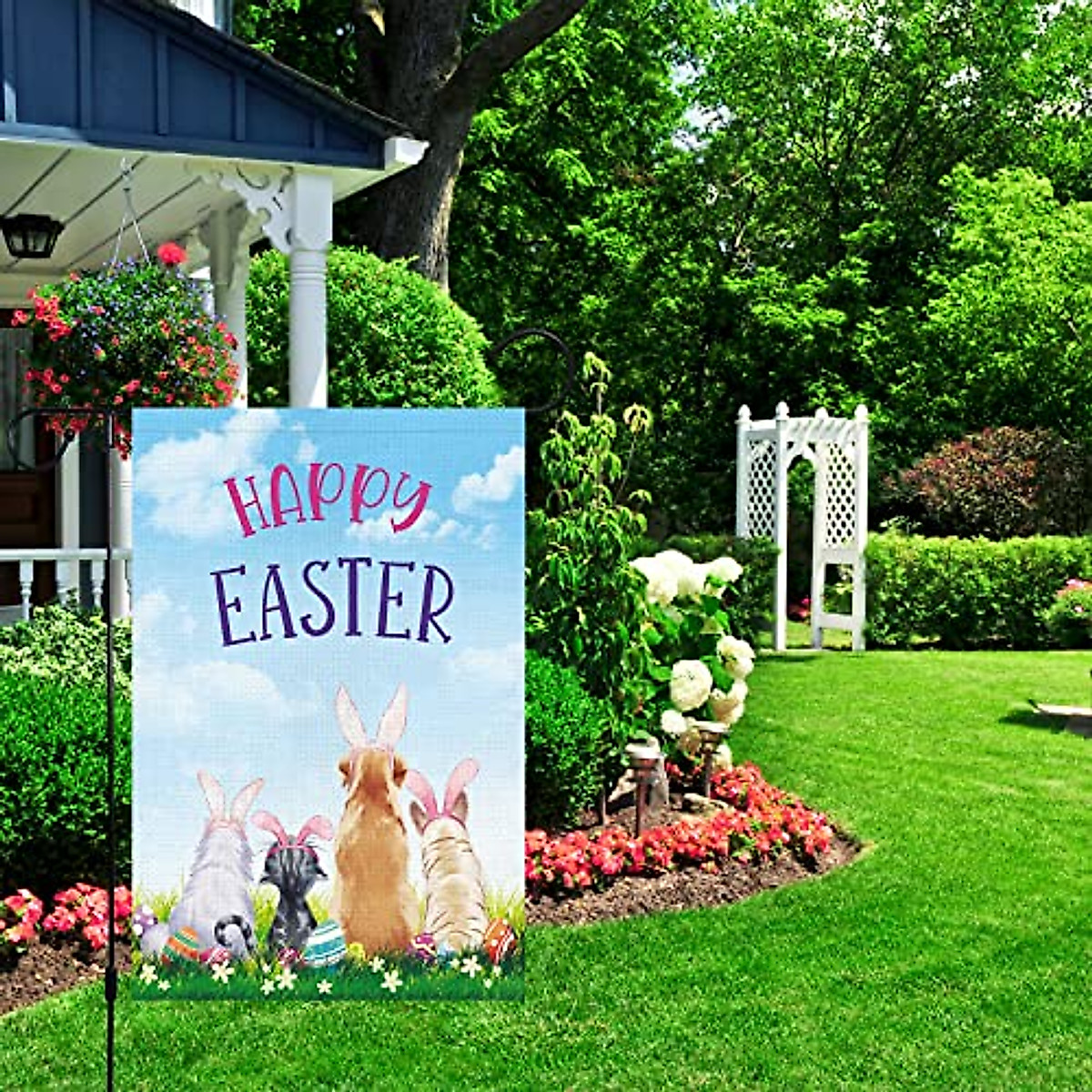 Happy Easter Garden Flag 12x18 Double Sided Vertical, Burlap Small Cat Dog with Rabbit Ear Easter Flag Sign Welcome Spring Outdoor Outside Decorations (ONLY FLAG)