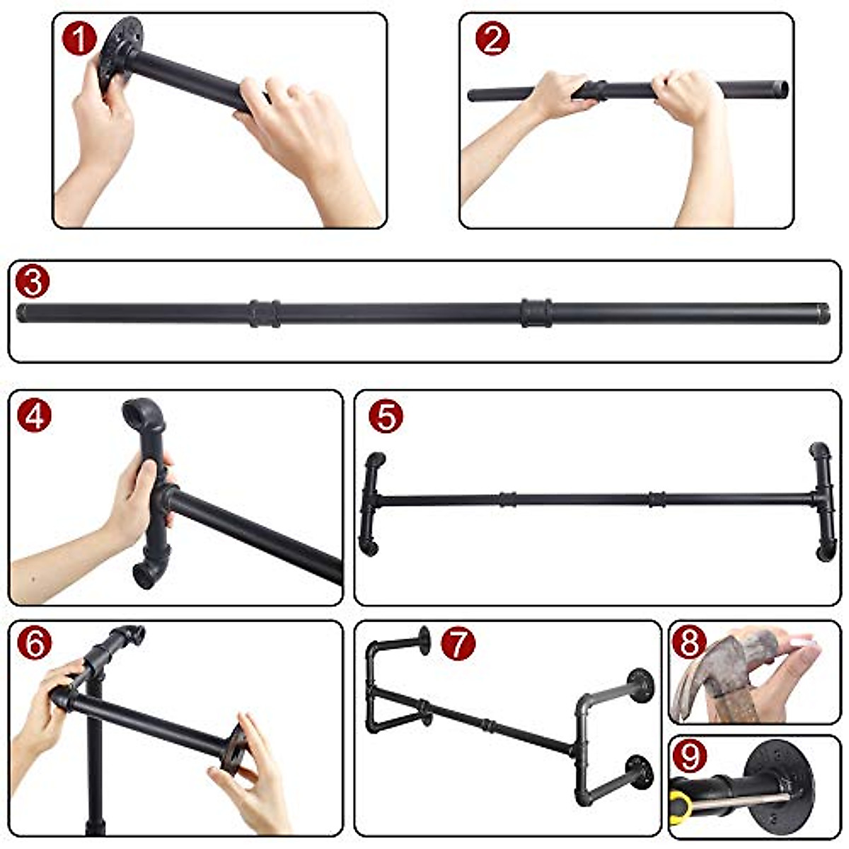 WEBI Clothing Rack Wall Mount,24'' Industrial Pipe Clothes Rack for Hanging Clothes,Heavy Duty Iron Garment Rack Bar,Retail Display Clothes Rod for Closet,Laundry Room,Black