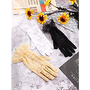 Skylety 3 Pairs Women Lace Floral Gloves Elegant Short Lace Gloves Ladies Tea Party Gloves for Opera Wedding Diner Party(Black, White, Beige)