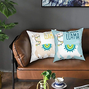 Cartoon Alpaca Throw Pillow Covers Set of 2 Cute Llama Pillow Covers Soft Pillowcase Home Decor Blue and Beige Pillow Covers Sofa Cushion Cover for Living Room Bedroom Garden 18x18 Inch