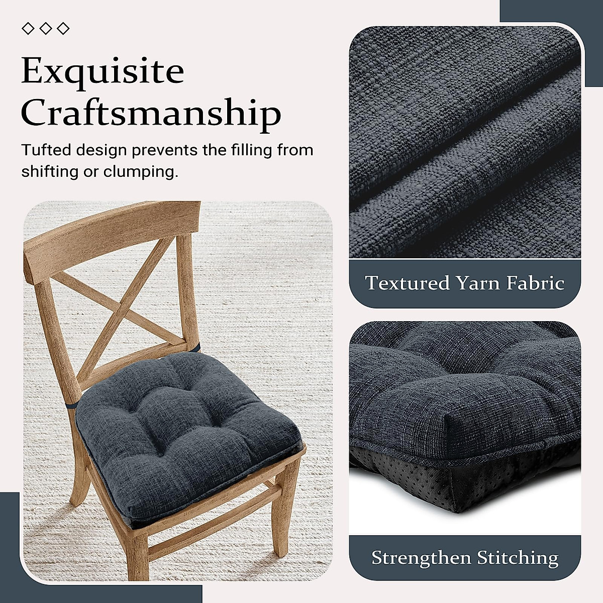Wellsin Chair Cushions for Dining Chairs 4 Pack, 15.5" X 15.5" Kitchen Chair Cushions with Ties and Non-Slip Backing, Tufted Shredded Memory Foam Kitchen Chair Pads, Navy