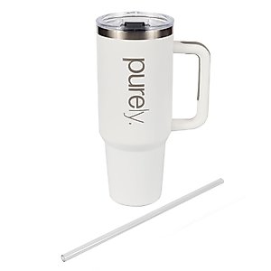 PURELY 40 oz Ceramic Lined Insulated Tumbler with Handle, Leak Resistant 2-way Lid and Straw, Ceramic Lined Travel Mug (White, 40oz)