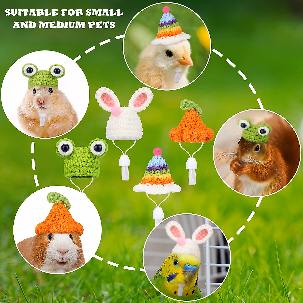 4 Pieces Hamster Hat Mini Small Animals Hat with Adjustable Strap Lovely Hand Knitted Frog Rainbow Carrot Tiny Hats for Lizard Guinea Pig Reptile Christmas Holiday Party Clothes Costume Accessories