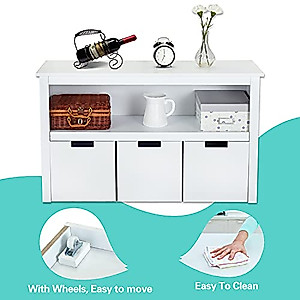 Kinsuite 3 Drawers Storage Cabinet with Hidden Wheels, Wooden Storage Organizer Unit with Large Storage Shelf, Multifunctional Floor Storage Chest for Living Room, Bedroom, Reading Room, Office, White