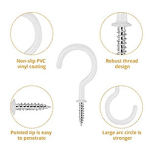 MJIYA 36 PCS Vinyl Coated Ceiling Hooks Question Mark Shape Hook Heavy Duty Screw Cup Hook for Bathroom Kitchen Wall Ceiling Hanging (White, 3/4 Inch)
