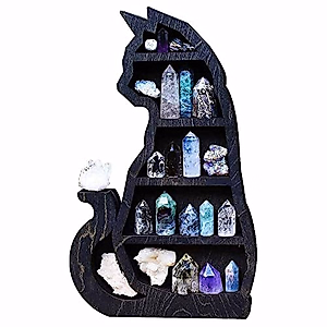 Cat in The Moon Crystal Wooden Shelf,Cat-Shaped Crystal Wooden Shelf, Multipurpose Storage Rack, Bed Room Display Crystals Stone, for Small Plant and Art Gothic Room Ornaments